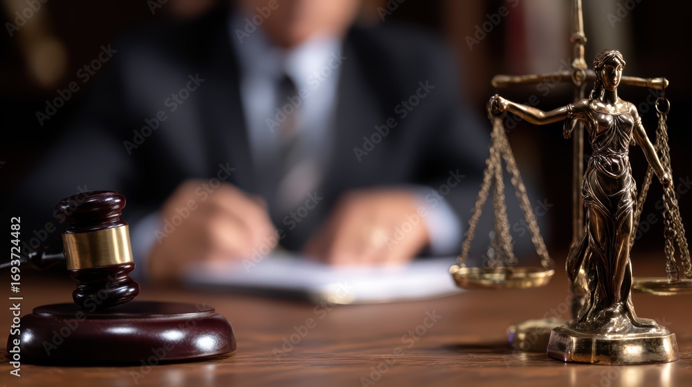 Stock-Foto „Majestic Statue of Lady Justice Overseeing a Judge at Desk ...