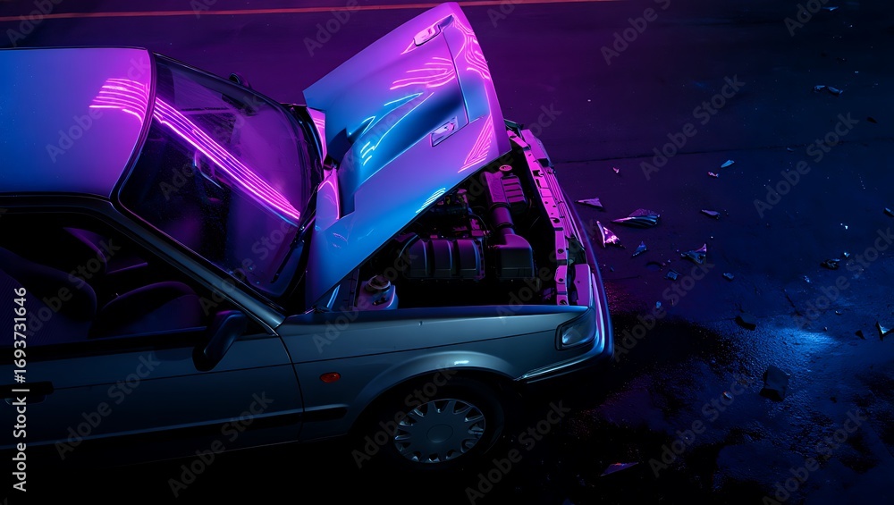 Damaged Car with Open Hood After Accident in Neon Lights Reflecting on ...