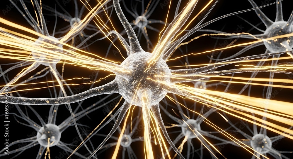 Glowing Neurons Transmitting Yellow Electrical Impulses in a Neural ...