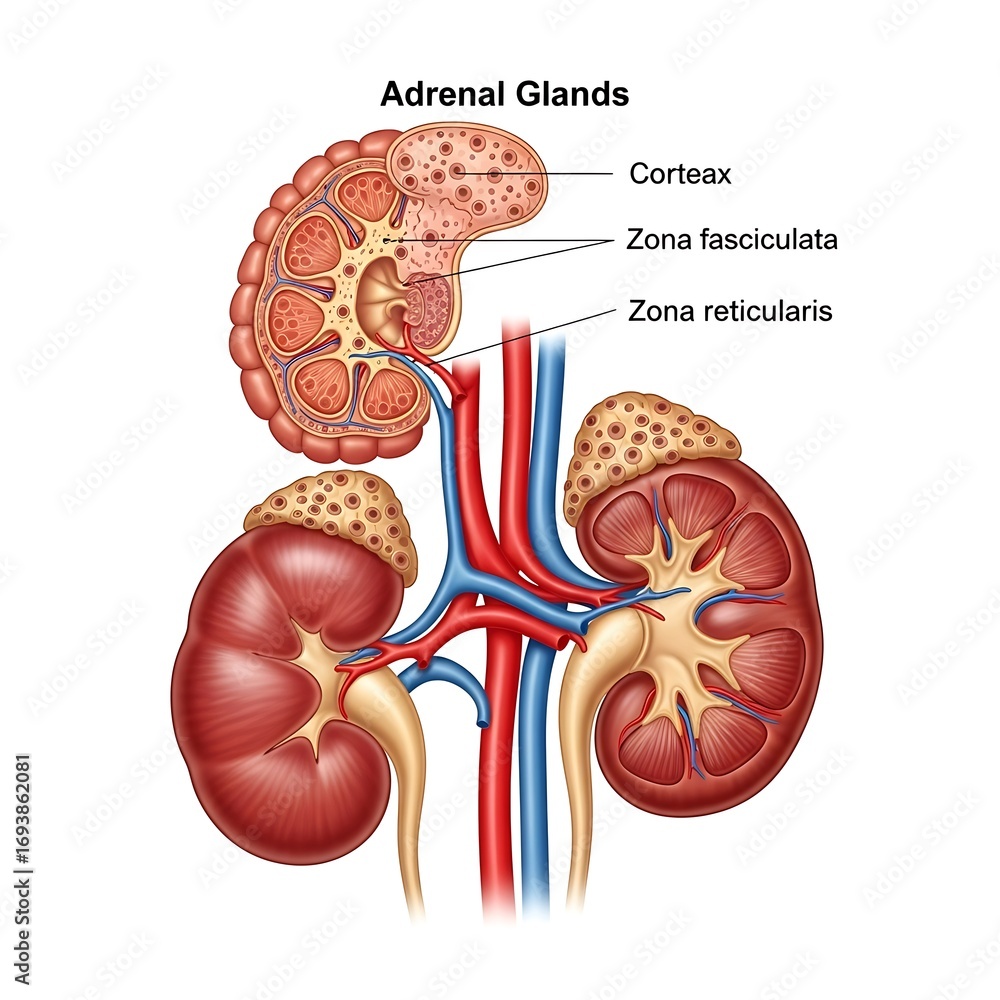 Detailed diagram of human adrenal glands and kidneys illustrating ...