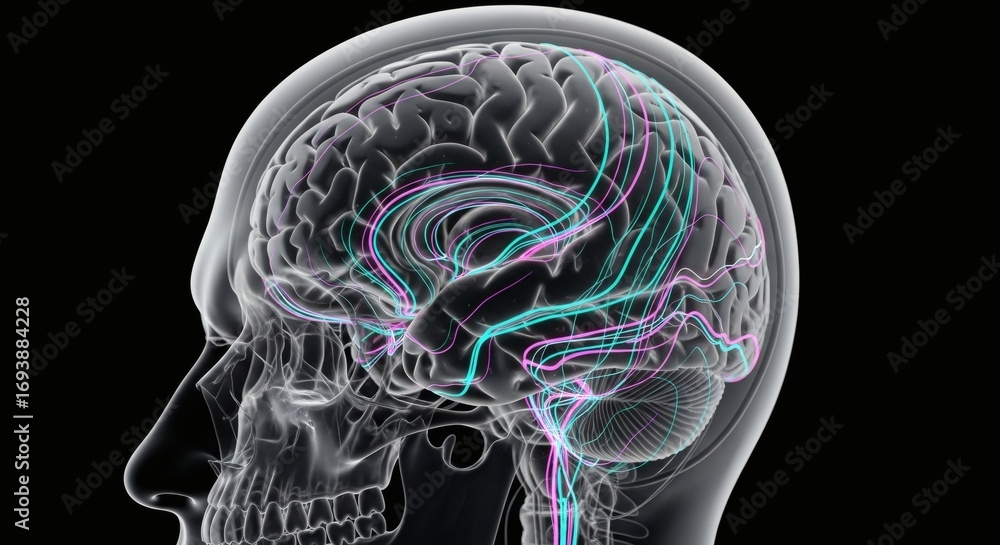 Medical illustration of a human brain with highlighted neural pathways ...