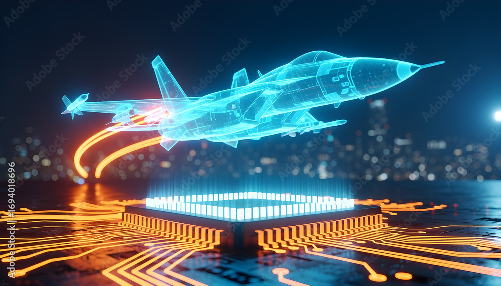 Holographic fighter jet projection in neon blue wireframe above glowing ...