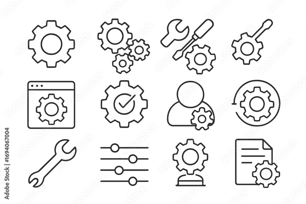 Settings and mechanism line icon set. Gear, cog, tools for ...