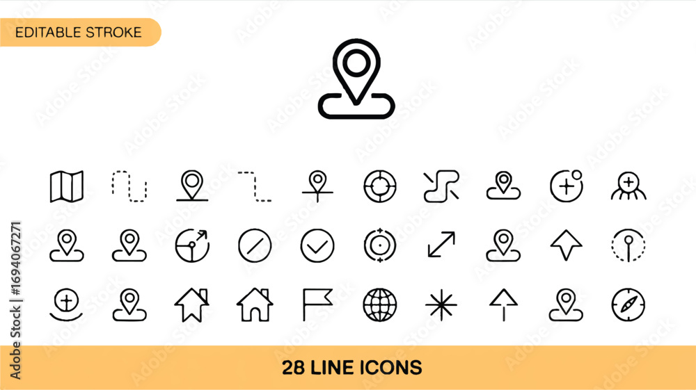 Collection of navigation and location line icons including map pins ...