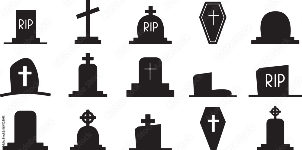 Graveyard Icons, Tombstone Silhouettes, Cemetery Design, Grave Markers ...