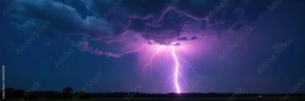 Spectacular display of a powerful discharge lightning bolt striking the ...