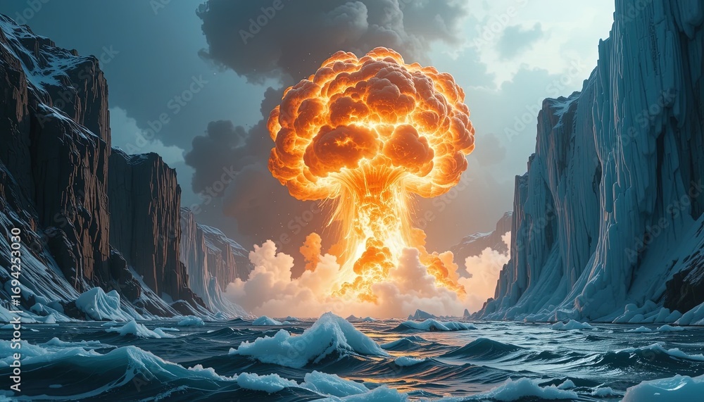 Dramatic fiery explosion over icy ocean landscape with snow covered ...