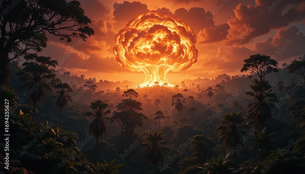 Dramatic explosion over lush jungle landscape at sunset creates ...