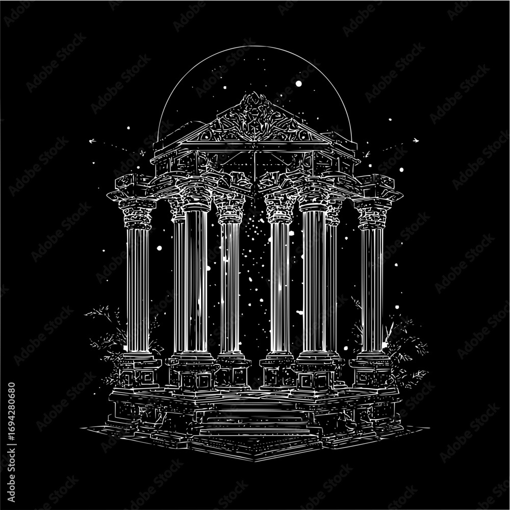 White line art of a classical temple with columns and stairs on a black ...