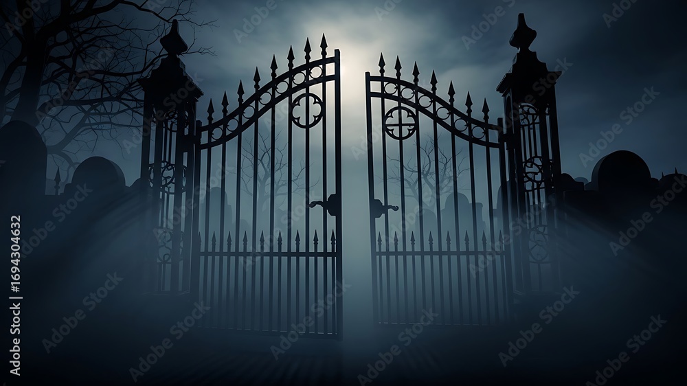 Spooky Haunted Gothic Cemetery Gate at Night with Fog and Bats for ...