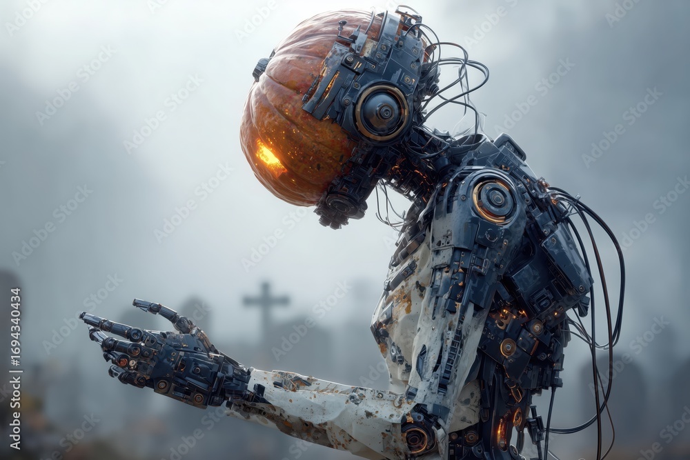 Halloween cyberpunk scene ai zombie cyborg with pumpkin head futuristic ...