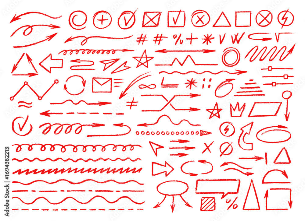 Doodle red crayon pencil hand drawn lines of arrow and underline, star ...