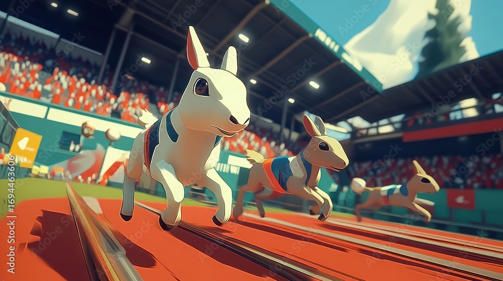 Cartoon rabbits race on a red track, cheered by a large crowd in a ...