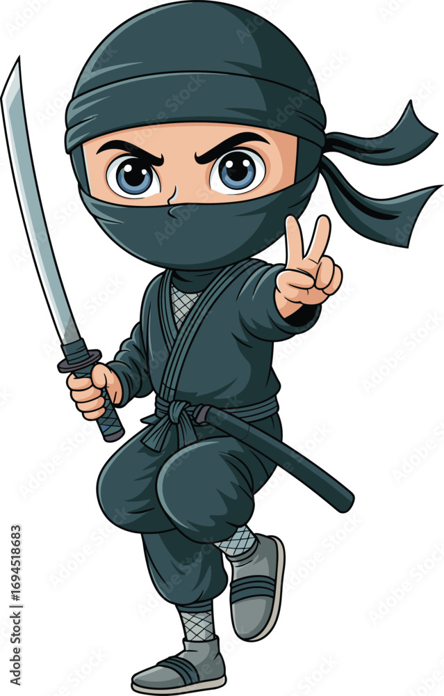 Cartoon ninja, katana sword, peace sign, martial arts, stealth warrior ...