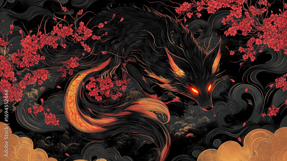Illustration of a Japanese mythological fox spirit (kitsune) with ...