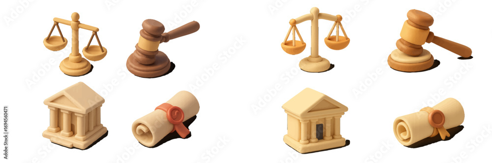 Collection of legal symbols featuring scales of justice, judge's gavel ...