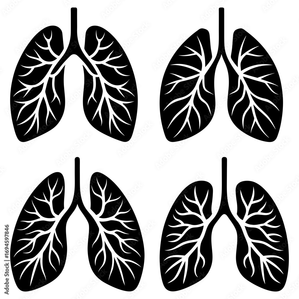 Four lung illustrations showing the human respiratory system in black ...