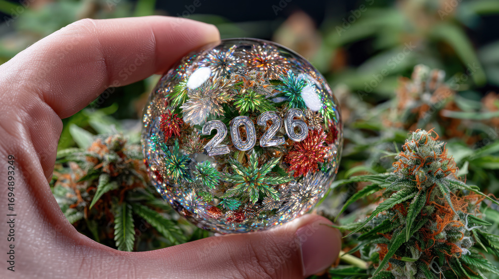 2026 in a magic ball and surreal colorful cannabis plants Stock Photo ...
