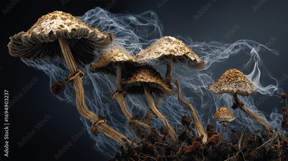 Glowing mushrooms emit tendrils of smoke in a dark, surreal landscape ...
