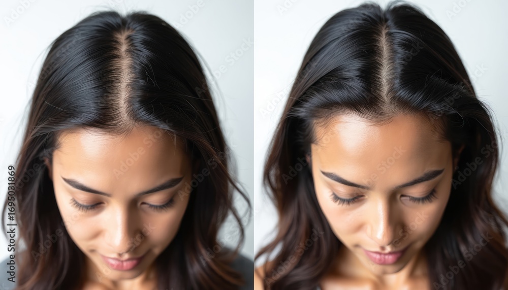 Split image shows woman hair regrowth treatment comparison. Left side ...