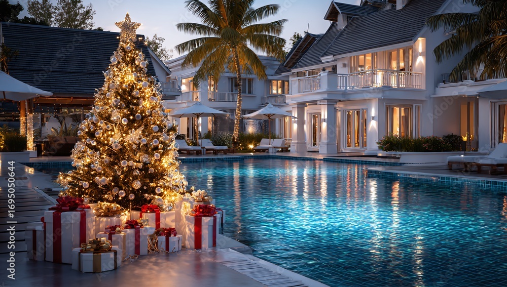 Stock-Foto „Festive Christmas Tree by Luxury Pool with Gifts in ...