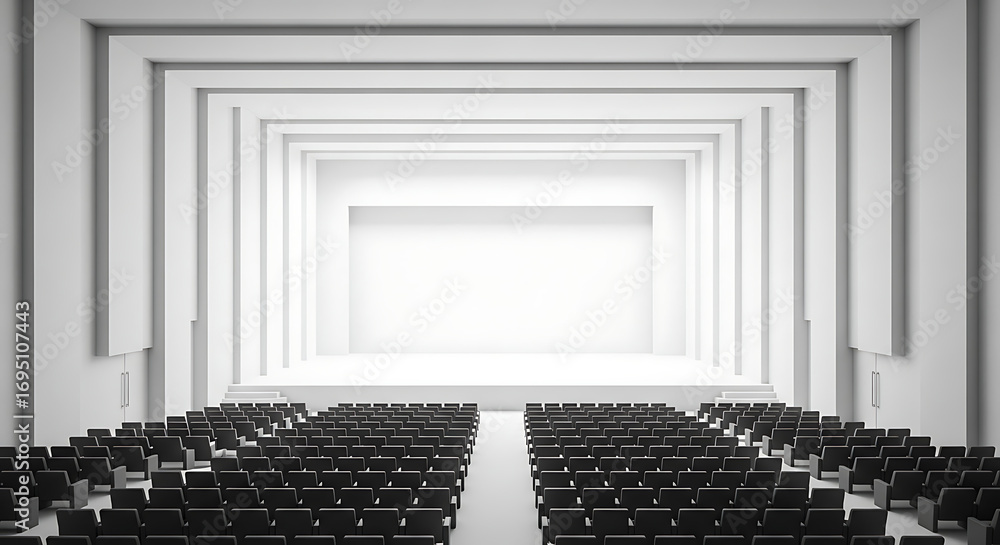 A monochrome image of an auditorium with rows of seats facing a bright ...