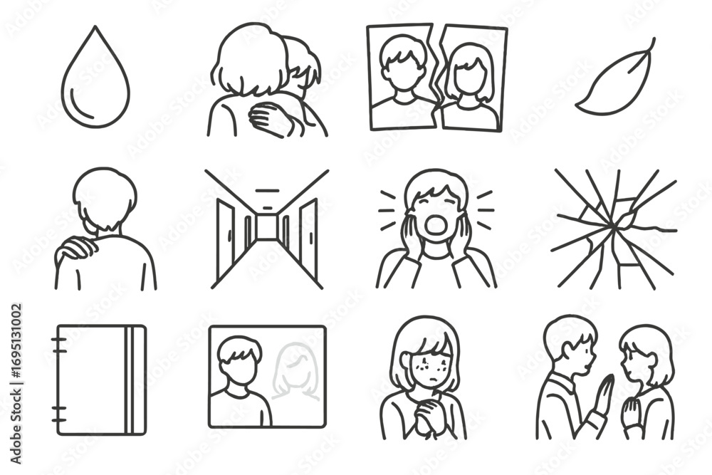 Drama Anime Icons. Line style icons of drama anime: tear drop, slow hug ...