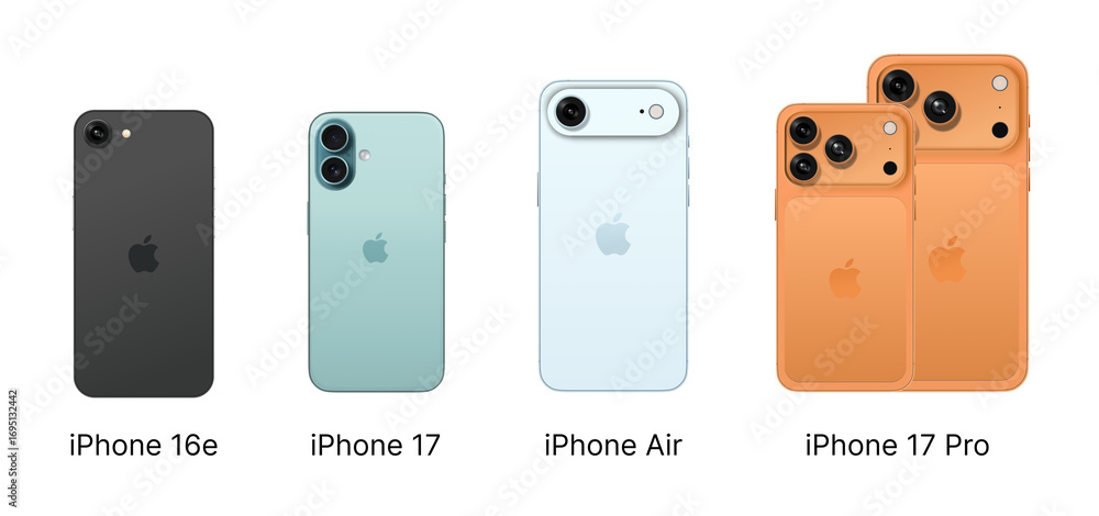 Set of Apple iPhone 16e, iPhone 17 Air, iPhone 17 Pro, and iPhone 17 ...
