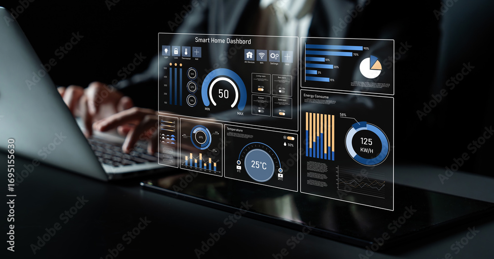 Smart home dashboard manages IoT system. Smart home dashboard controls ...