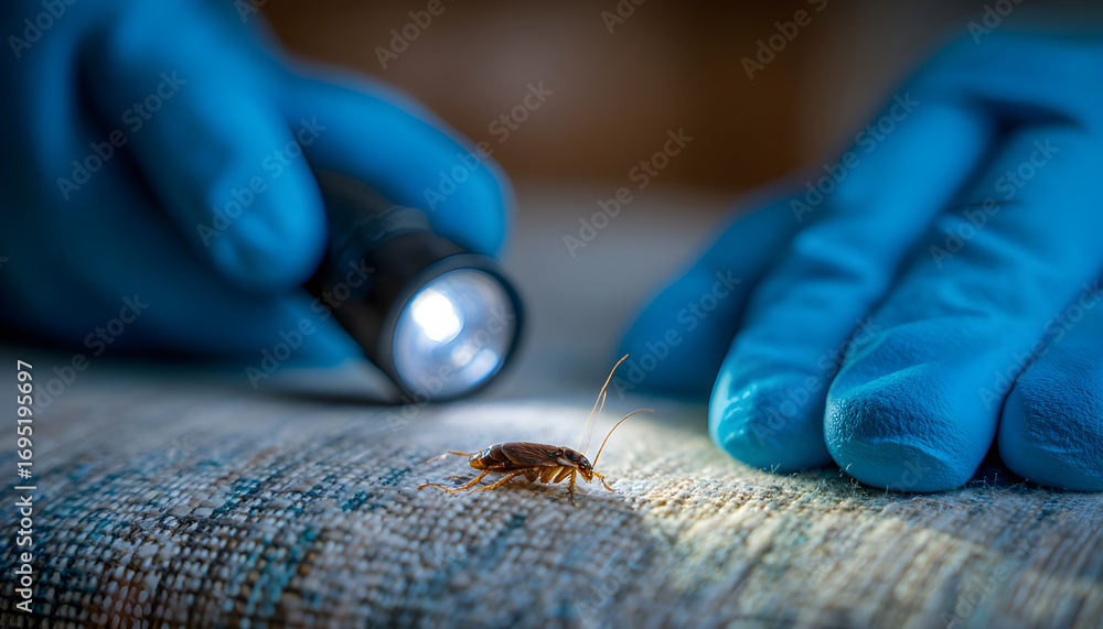 Pest control worker examines a home sofa for cockroaches and other ...