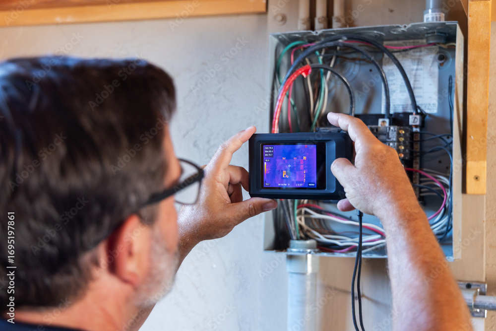home inspector taking infrared thermography camera pictures of an ...