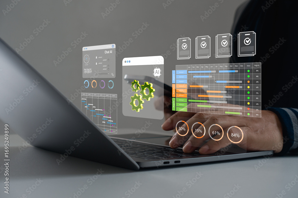 AI-powered data analytics and project management dashboard on laptop screen, showing real-time ...