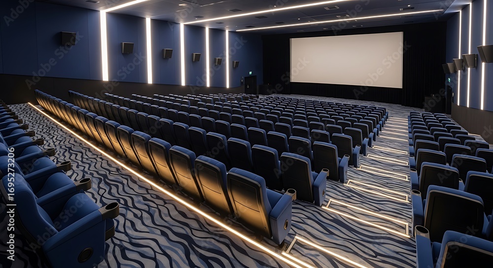 Empty modern cinema auditorium rows facing large screen ready for movie ...