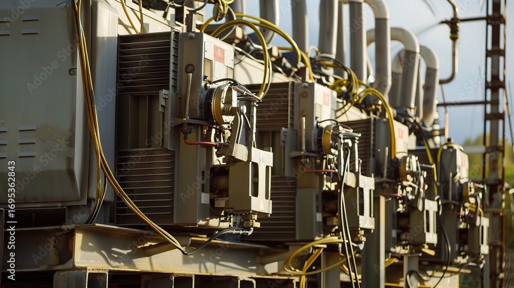 Ilustración de Stock Power transformer with a robust metallic gray body ...