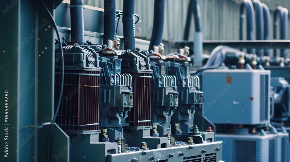 Ilustração Power transformer with a robust metallic gray body and large ...