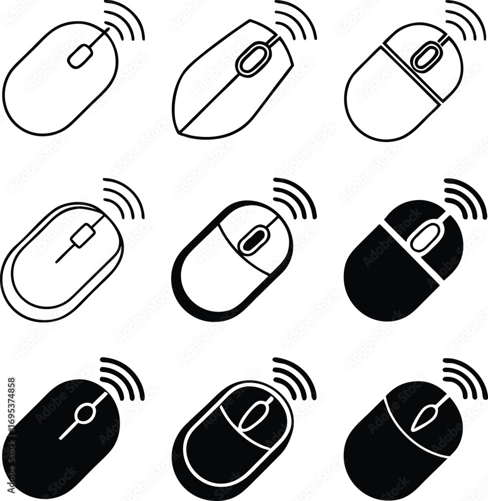 Collection of nine computer mouse icons in various styles and designs ...