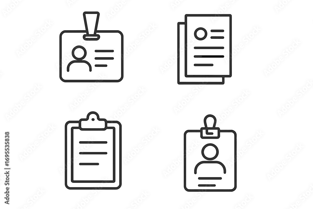 Employee badge, ID card, documents, clipboard line icon pack. Vector ...