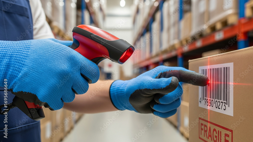 Worker scans a barcode on a cardboard box in a warehouse aisle using a ...