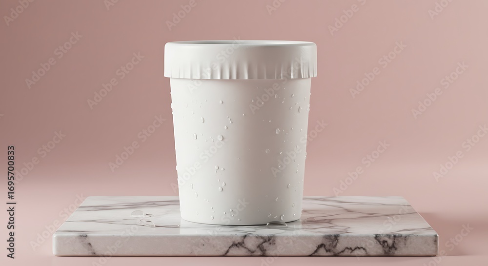 Mockup of a white disposable cup with condensation sits on a marble ...