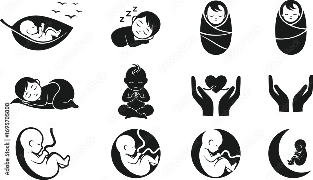 Silhouette Set of Babies, Fetuses, and Parental Care Symbols, Pregnancy ...