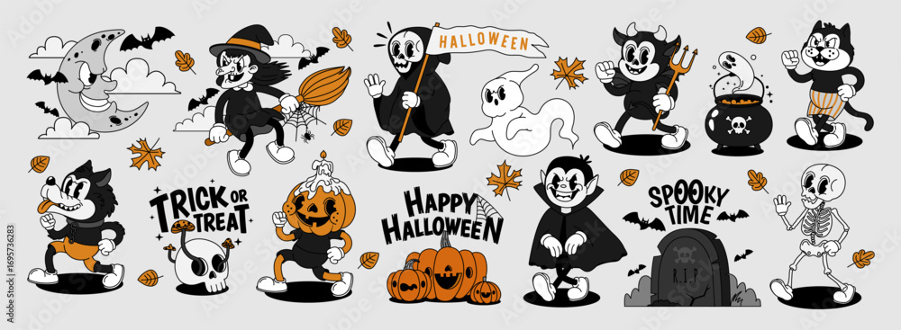 Halloween characters. Retro groovy holiday mascot. Comic spooky ghost ...