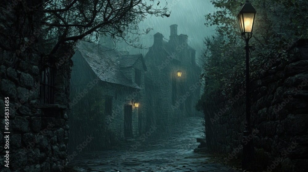streetlight rainy night foggy sky stunning horror forest background ...