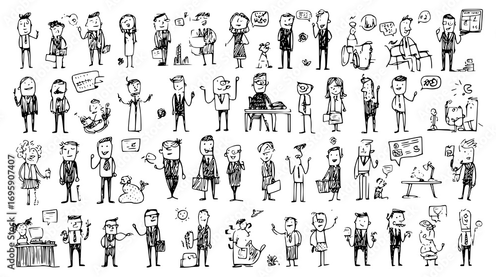 A collection of hand-drawn cartoon characters in various business ...