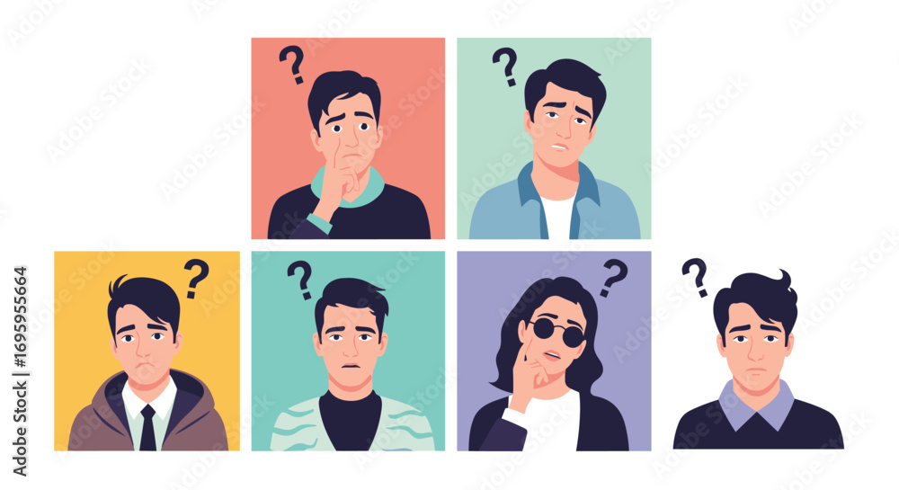 Confused faces with question marks above their heads representing doubt ...