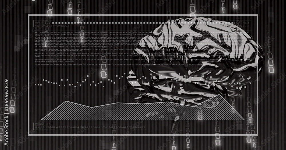 Rendering metallic brain model at right in data UI, showing code ...