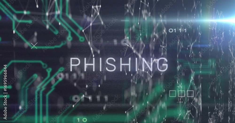 Displaying PHISHING text on cyber backdrop, green circuit, node network ...