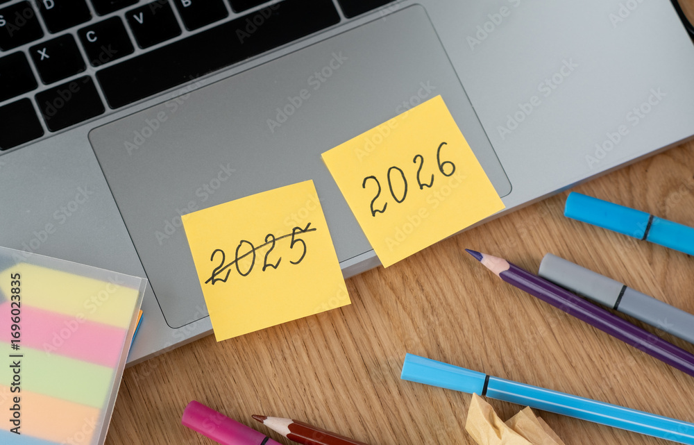 Yellow Paper with crossed out inscription 2025 and 2026 on wooden ...