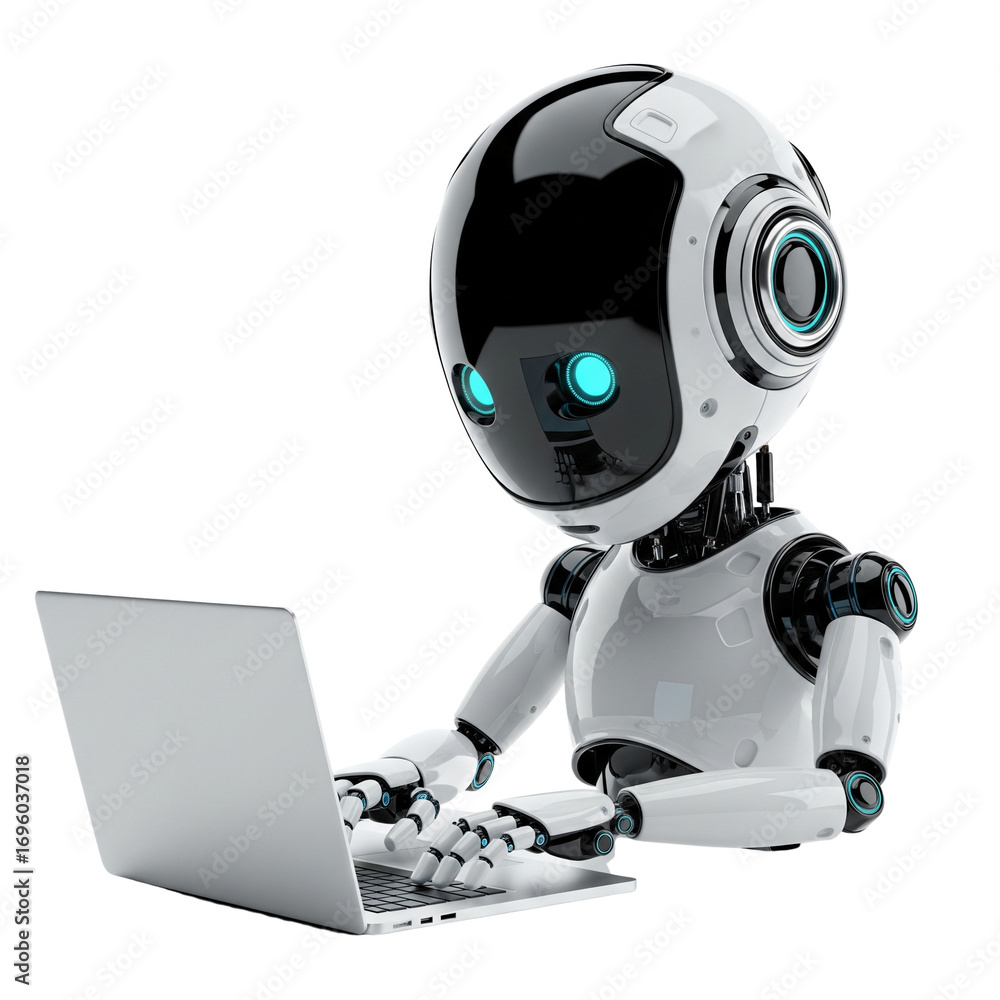 Futuristic humanoid robot using a laptop in a digital workspace ...