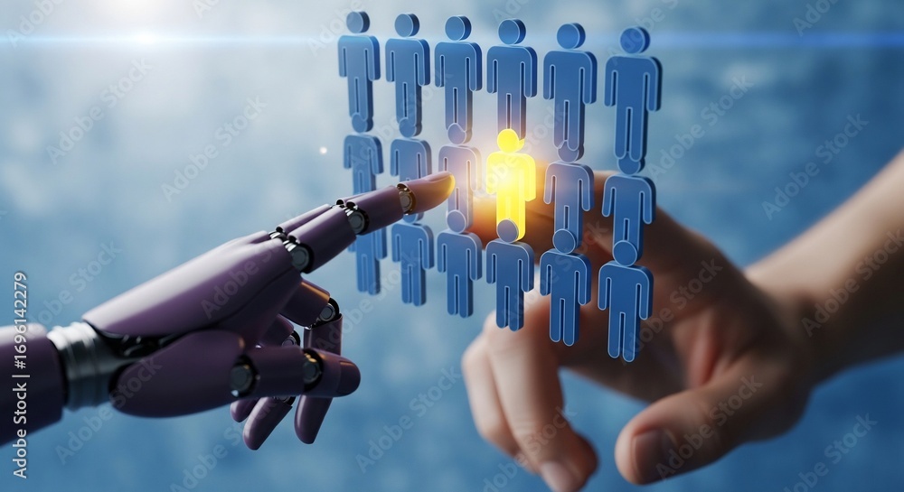 Robot hand selecting the best candidate from group of people ...