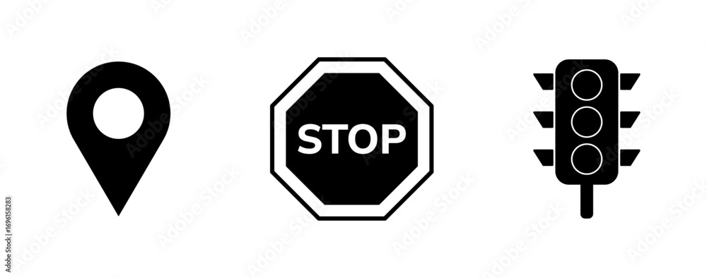 Traffic icons with location pin, stop sign and traffic light, Vector ...